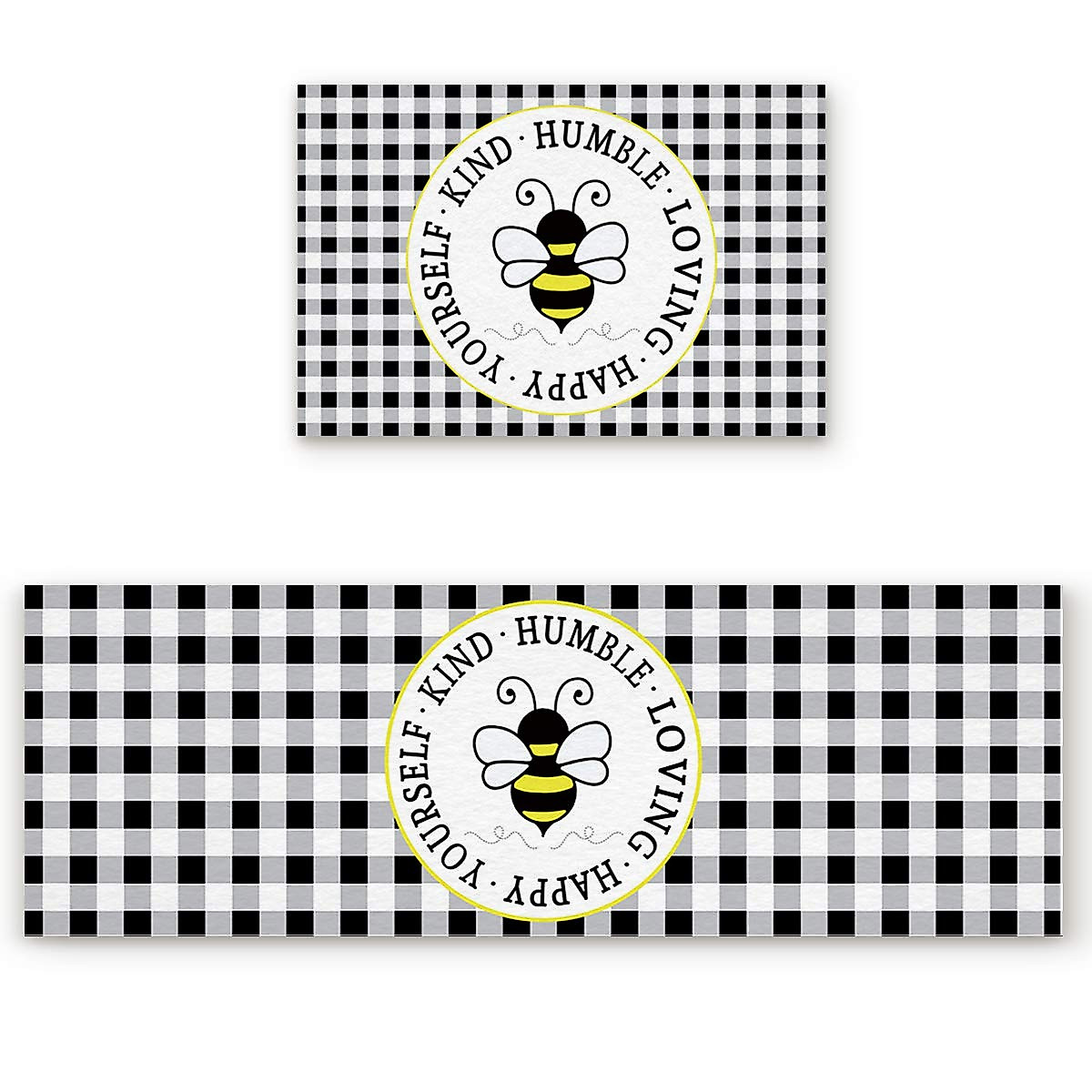 Savannan Kitchen Rug 2 PCS Set Floor Mat, Bee Black White Checkered Kind Humble Loving Happy Yourself Non-Slip Soft Absorbent Runner Mat Doormat for Doorway Bathroom Bedroom Laundry