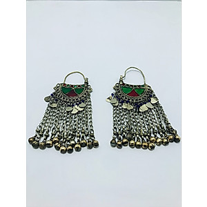 Red and Green Oversized Bells Chaandbaliyaan, Massive Kuchi Boho Earrings With Long Bells, Traditional Afghani Earrings, Vintage Jewelry