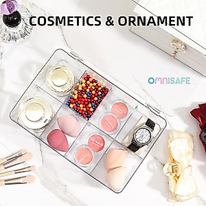 OMNISAFE Divided Clear Plastic Organizer Bin with Hinge Lid, 8 Sections Tea Bag Storage Box for Kitchen, Snacks, Spice Packets,Pouches, Stackable Storage Bin