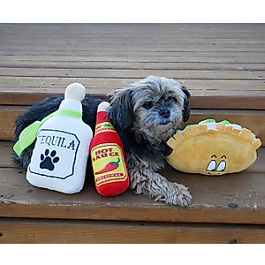 Baja Ponchos 4 Pack Fiesta Dog Chew Toys and Sombrero - Mexican Squeak Plush Toys - Dog Gifts for Chihuahuas - Taco - Tequila - Hot Sauce - for All Breeds