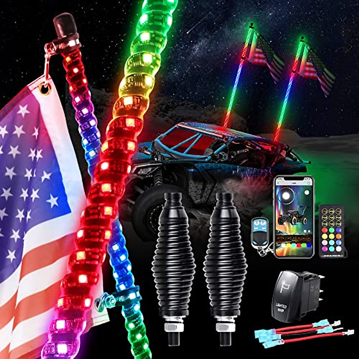Whip Lights Uemicip 2PCS 3FT Spiral RGB LED Whip Light for UTV, with Spring Base App & RF Wireless Remote Control, Chasing Lighted Antenna Whips for UTV ATV RZR SXS Can-Am Polaris Offroad Truck