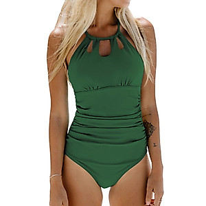 CUPSHE Women's One Piece Swimsuit High Neck Tummy Control Bathing Suit, L Green