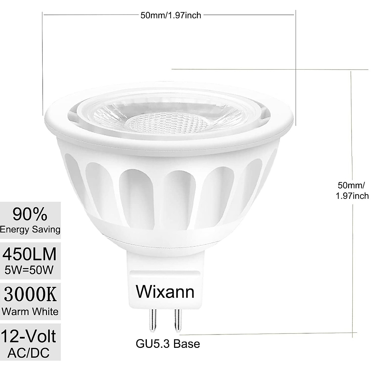 MR16 LED Bulb, 50W Halogen Equivalent, 5W 12V 3000K Soft Warm White, 450Lm GU5.3 Bi-Pin Base, 12V Spotlight Bulb, 40 Degree Spot Lighting For Indoor/Outdoor Landscape Track Bulbs-Not Dimmable (6 Pack)