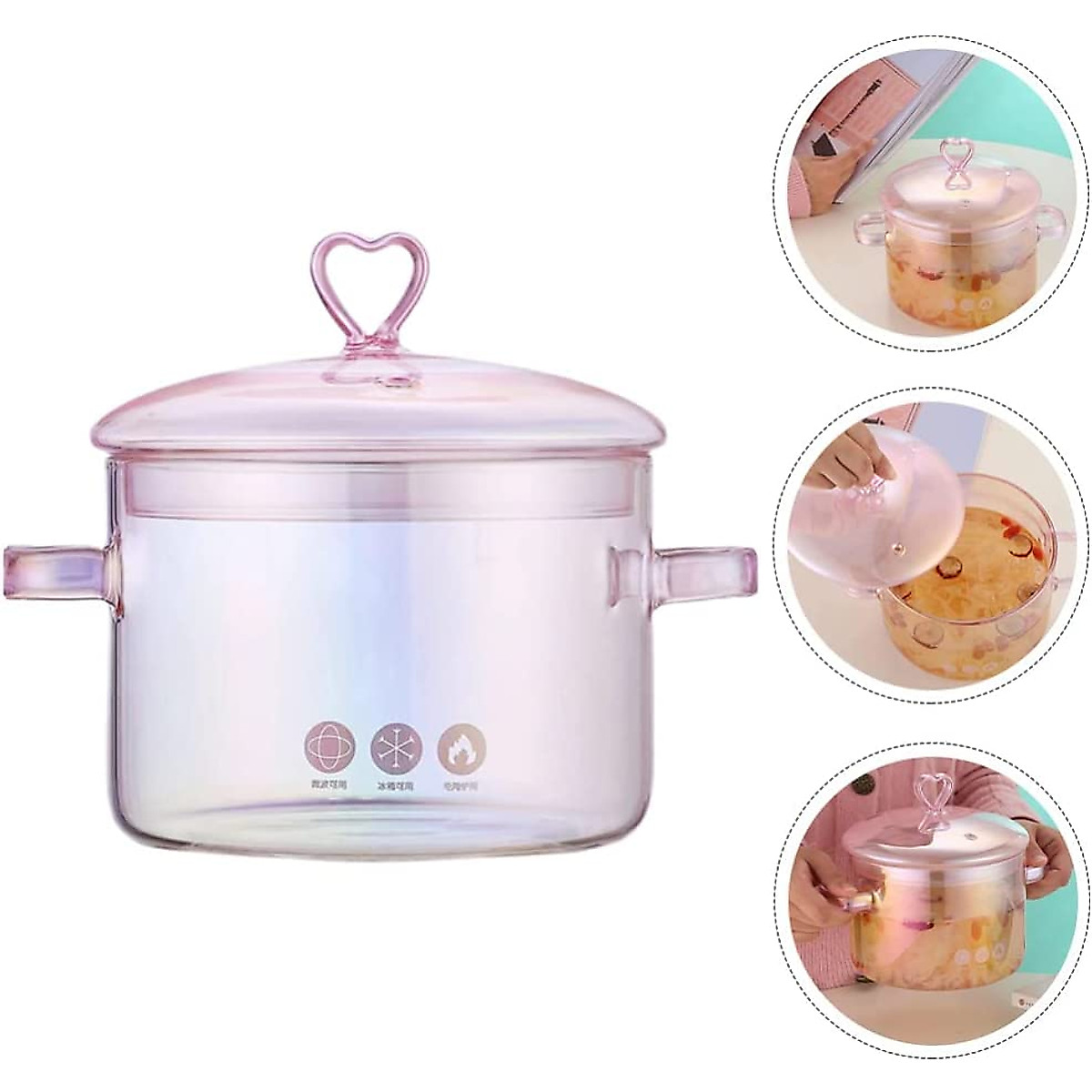 Glass Saucepan with Cover Clear Cooking Pot Stovetop Stew Pot with Lid Handmade Glass Casserole Double-Handle Cookware for Pasta Noodle Soup Milk Pink