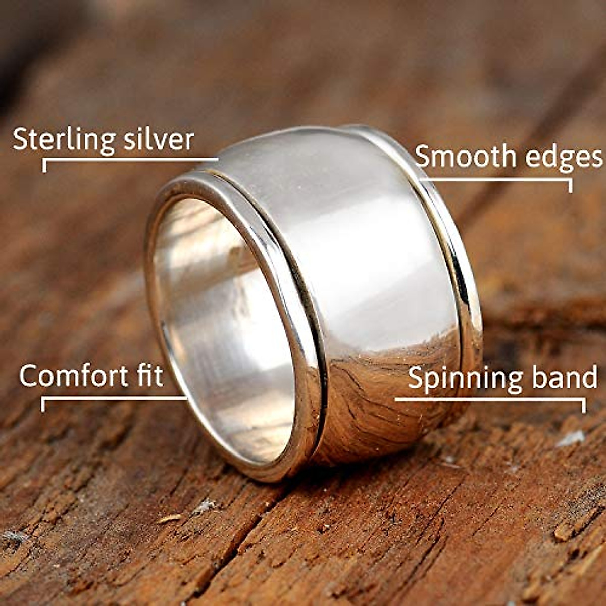 Boho-Magic 925 Sterling Silver Spinner Dome Ring for Women Fidget Ring Band Wide Hammered (8)