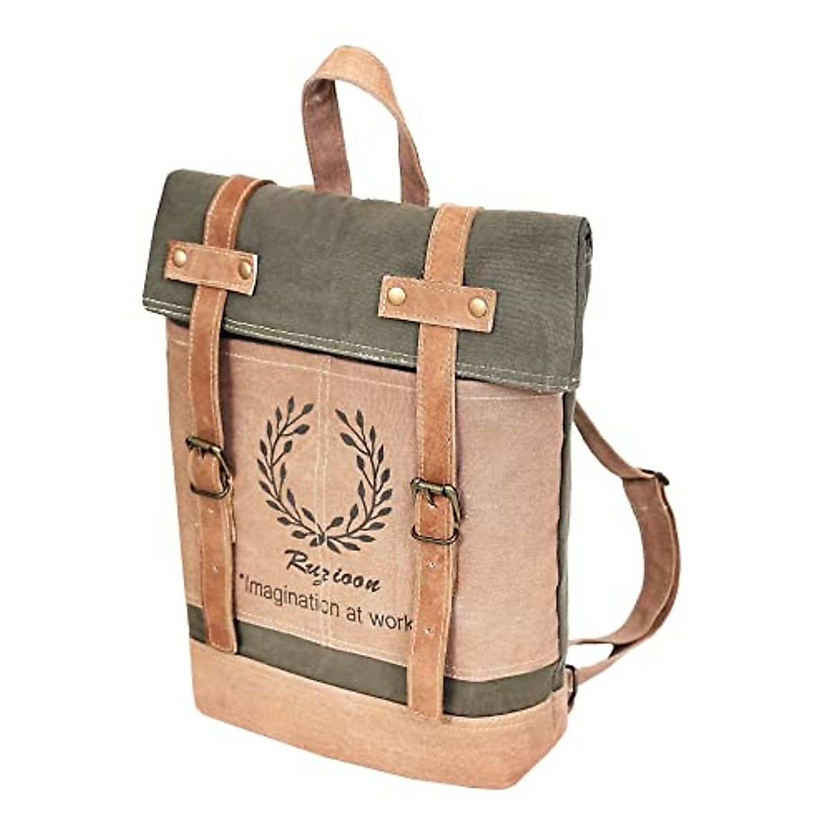 Ruzioon Upcycled Canvas & Cowhide Leather Roll Backpack, Canvas & Cowhide Leather Backpack for Men’s and Women’s, Canvas & Cowhide Leather Travel Backpack, Canvas Weekend backpack