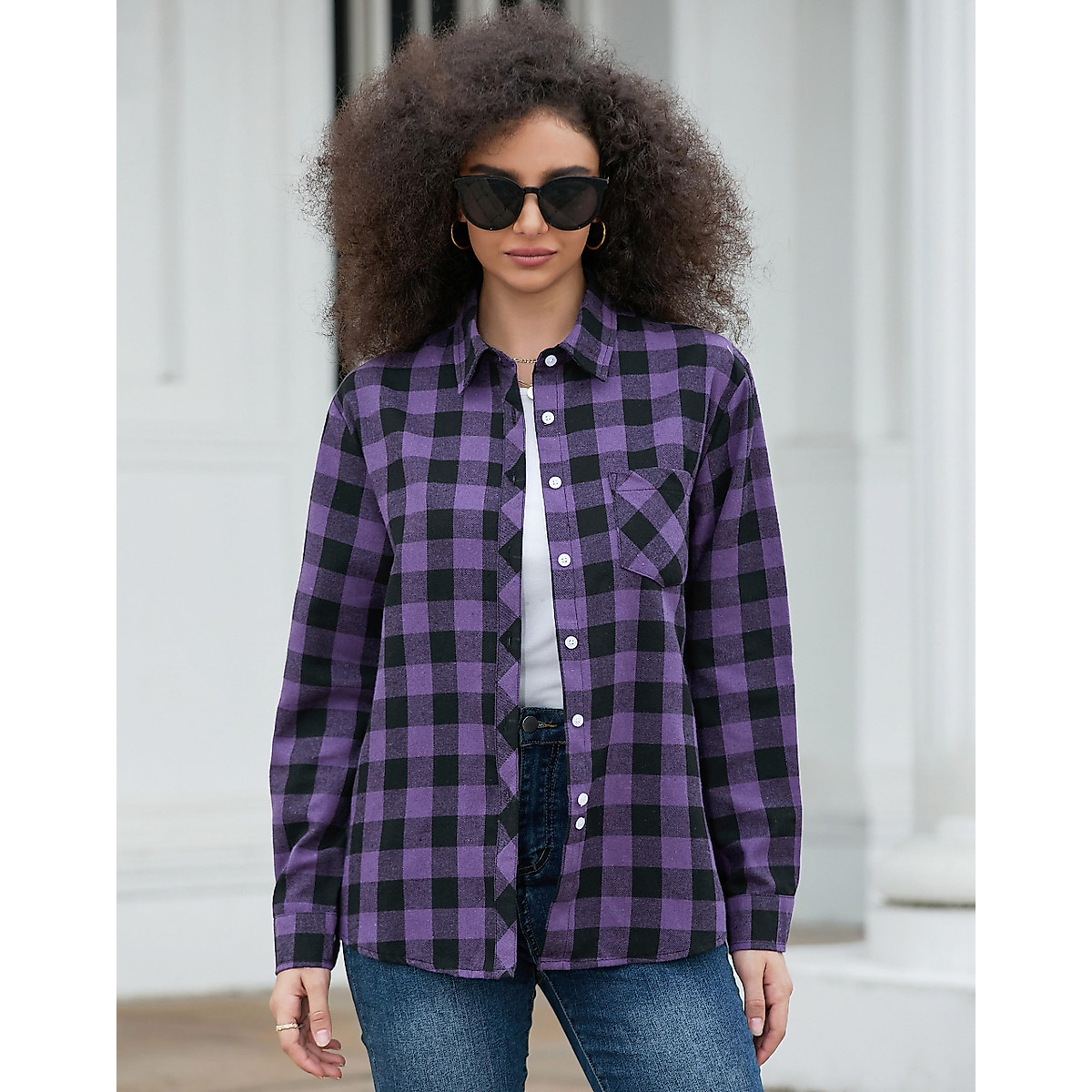 SANGTREE Womens Flannel Shirt, Casual Plaid Tops Long Sleeve Button Down Shirt for Women Buffalo Purple, Medium