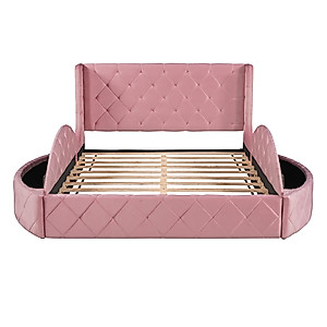 SOFTSEA Queen Size Velvet Platform Bed Frame with Storage, Upholstered Tufted Bed Frame with Wingback Headboard, 1 Big Drawer and 2 Side Storage Stool, Easy Assembly, Pink