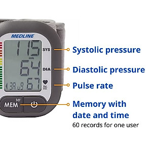 Medline Digital Wrist Blood Pressure Monitor, BP Cuff with Batteries Included (60 Reading Memory)