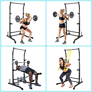 Arlopu Multi-Function Power Squat Rack Cage, Adjustable Bench Press Rack with Pull Up Bar, Squat Stand Full Body Strength Training, Weight Storage Rods, 2 Safety Spotter Arms for Home Gym