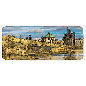 Ambesonne Landscape Kitchen Mat, Prague Charles Bridge Castle European Famous Touristic Place Landmark Cityscape, Plush Decorative Kitchen Mat with Non Slip Backing, 47" X 19", Multicolor