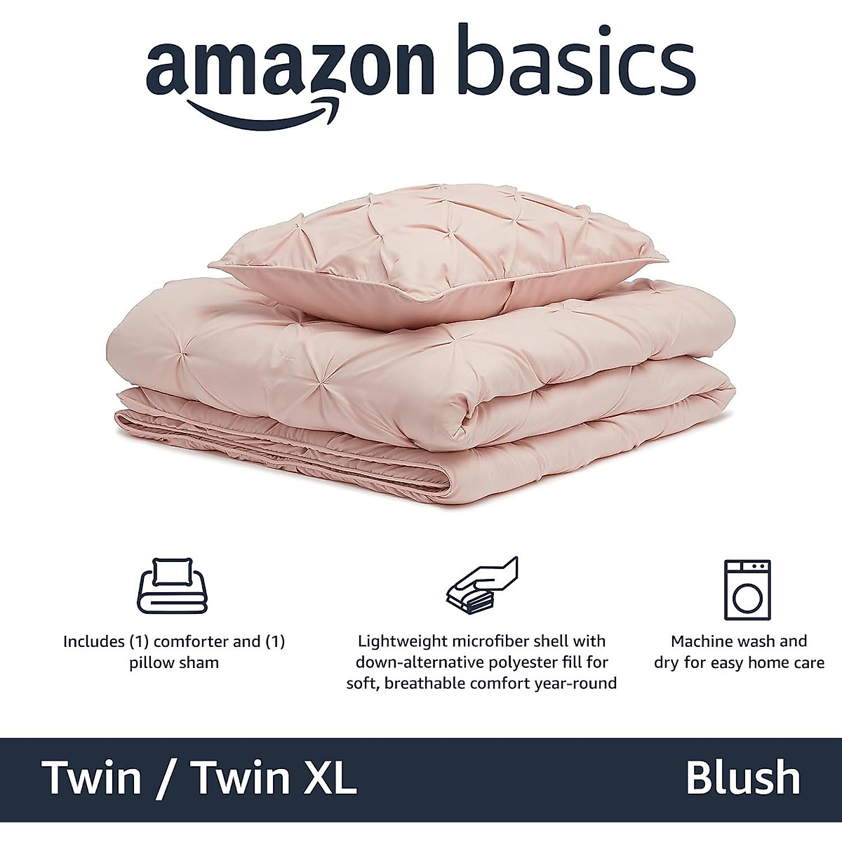 Amazon Basics Soft Twin Size Comforter Sets, All-Season Down-Alternative 3-Piece Bedding Set, Pinch Pleat Design, Twin/TwinXL Size, Blush