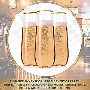 30 Plastic Stemless Champagne Flutes - Disposable Unbreakable 9 Oz toasting glasses, With Gold rim | Reusable, Clear, Fancy & Shatterproof Champagne Glasses - Ideal for Weddings, Birthdays, Parties