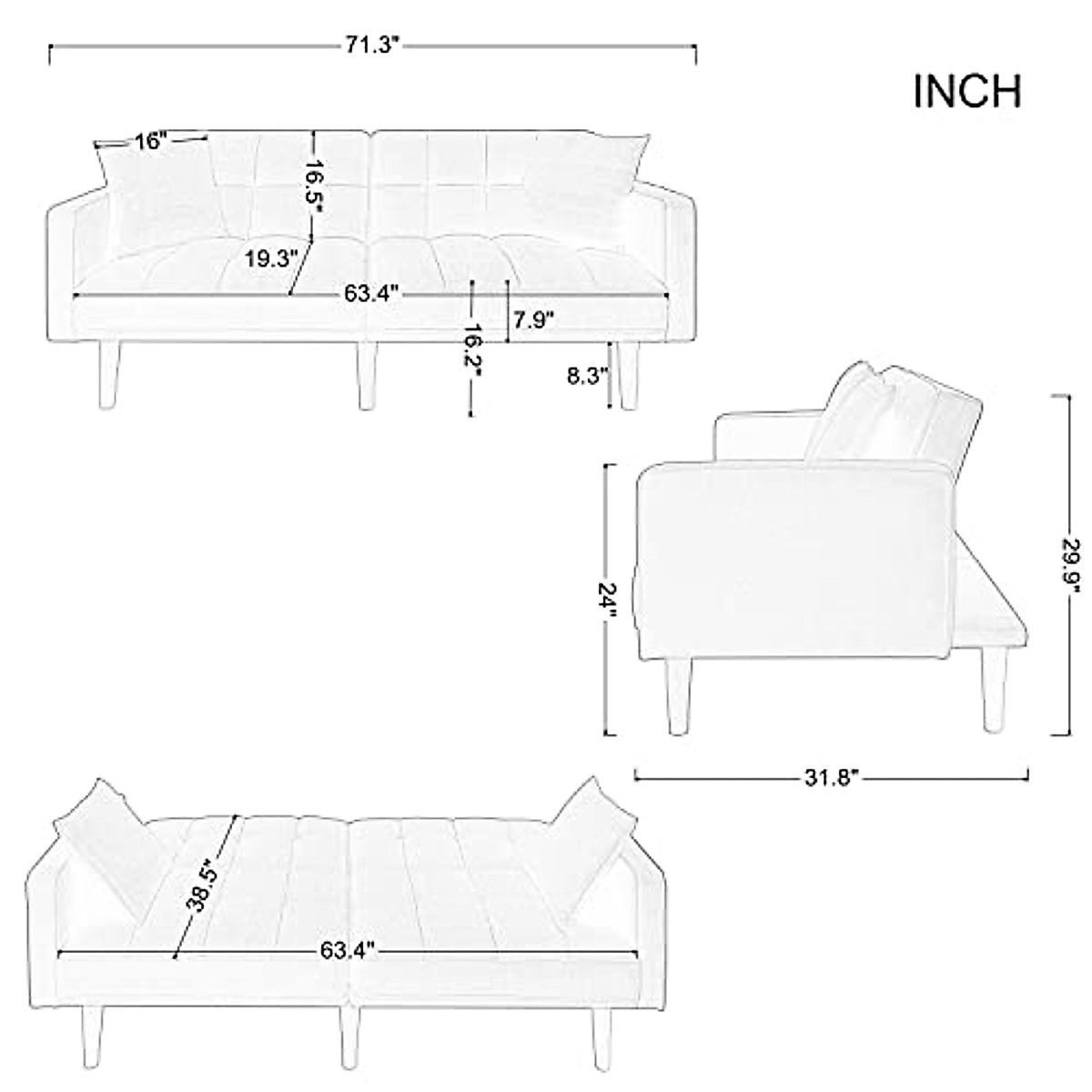Lepfun Sleeper Sofa Bed Modern Tuft Futon Couch Convertible Loveseat Sleeper Reclining Sofa Bed Twin Size with Arms and 2 Pillows for Living Room, Dark Grey