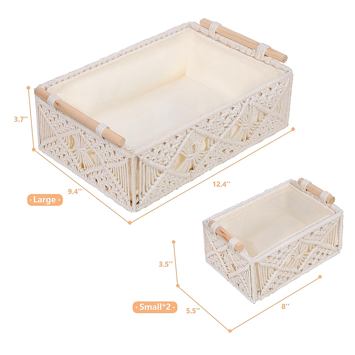 ANMINY Macrame Storage Baskets 3PCS Handmade Woven Cotton Rope Storage Bins Set Decorative Boho Boxes with Wood Handles Removable Washable Linen Liner Countertop Toilet Tank Shelf Cabinet Organizer