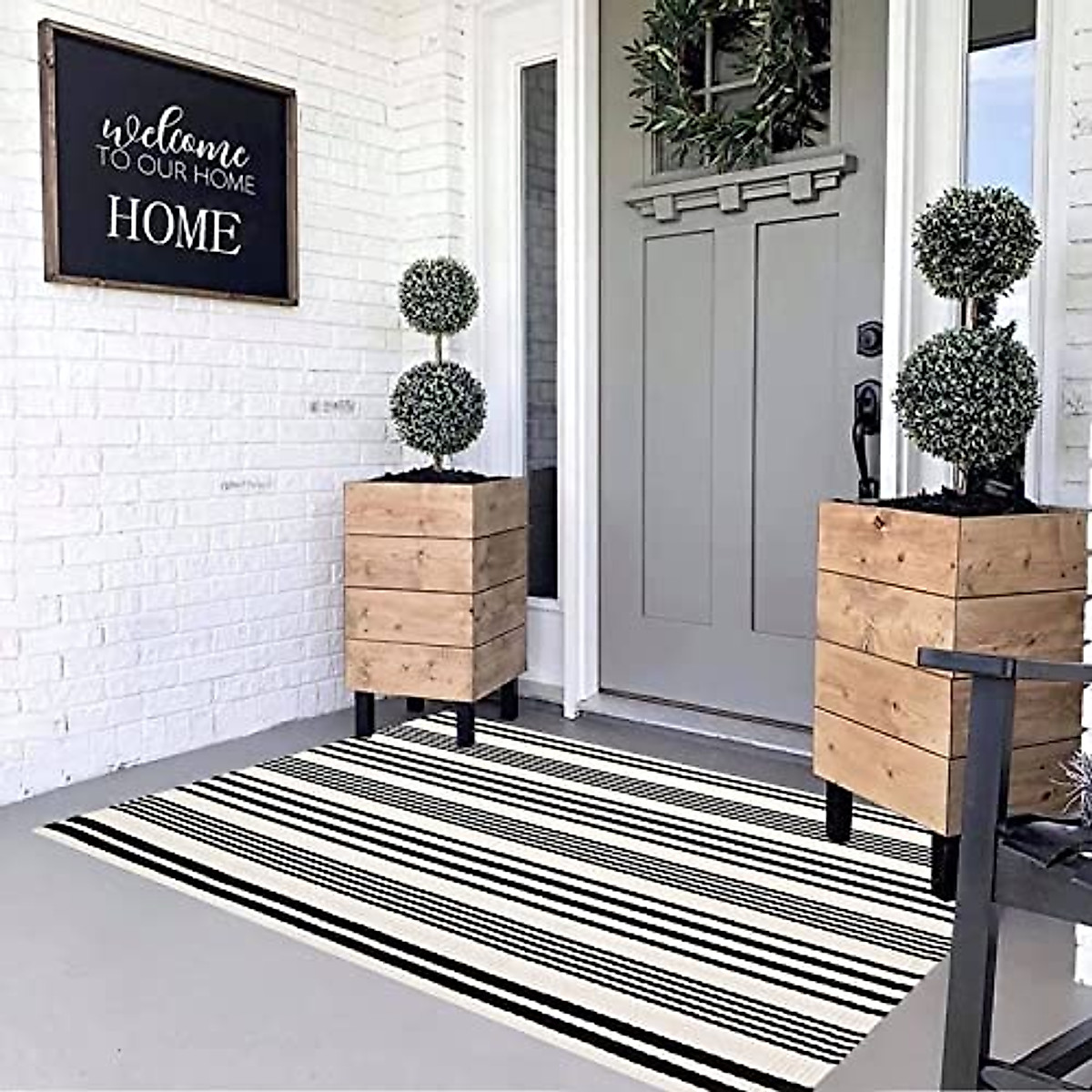 BUAGETUP Black and White Outdoor Rug 3'x 5' Hand-Woven Cotton Washable Rug Striped Front Porch Rug Machine Washable Indoor/Outdoor Area Rug Floor Mat for Farmhouse/Layered Door Mats/Living Room