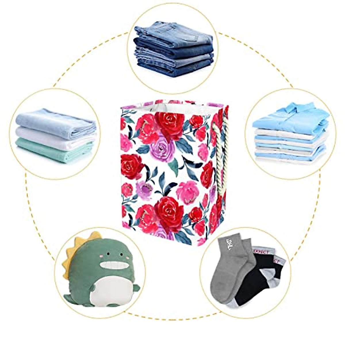 Inhomer Red Floral Pattern Large Laundry Hamper Waterproof Collapsible Clothes Hamper Basket for Clothing Toy Organizer, Home Decor for Bedroom Bathroom