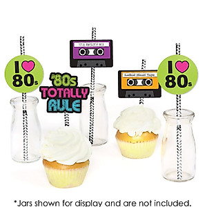 80's Retro - Paper Straw Decor - Totally 1980s Party Striped Decorative Straws - Set of 24