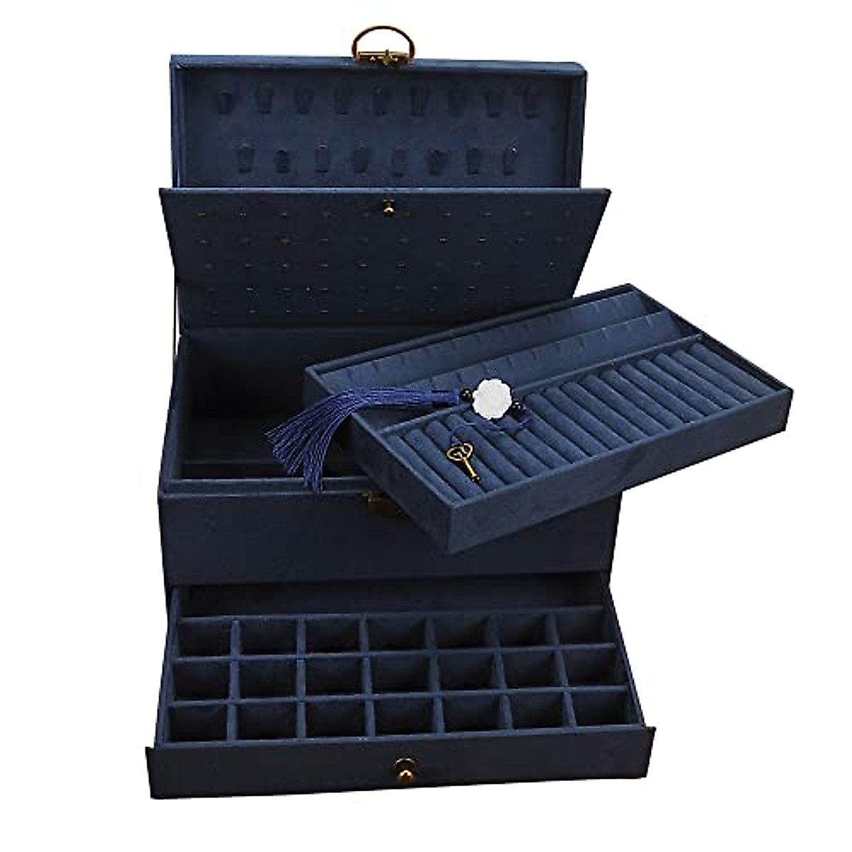 GYJOYERO Jewelry Box Jewelry Earrings Organizer Women Girls 4 Layers with Drawer Necklaces Rings Watches Display Case Storage Lockable GY708 (Navy)