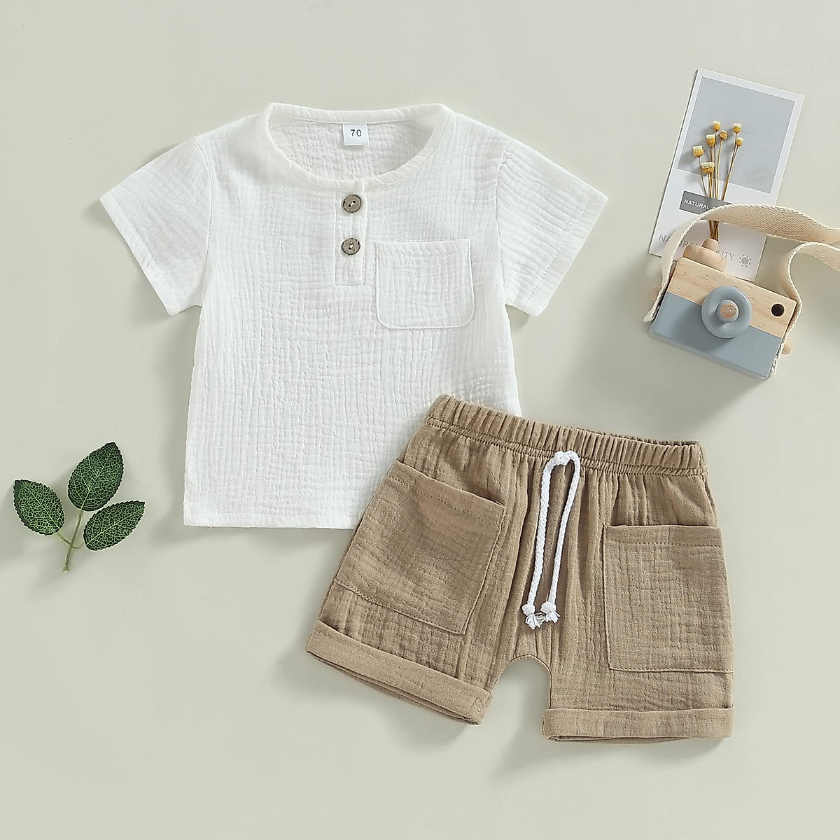 fhutpw Baby Boys 2Pcs Summer Outfits Short Sleeve T-Shirt Tops Elastic Waistband Shorts Set Toddler Clothes (Linen White + Light Khaki, 2-3 Years)