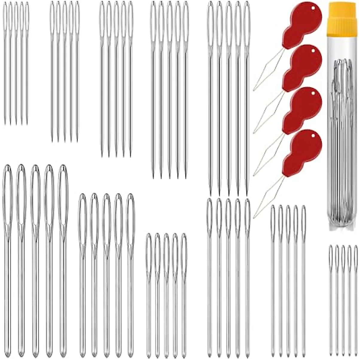 55 PCS Large-Eye Blunt Needles, Large Eye Sewing Needles, 11 Sizes Hand Sewing Needles, Knitting Needles, Yarn Needles, Embroidery Needle, Quilting Needles with 4 Threaders, Weaving Stringing Needles