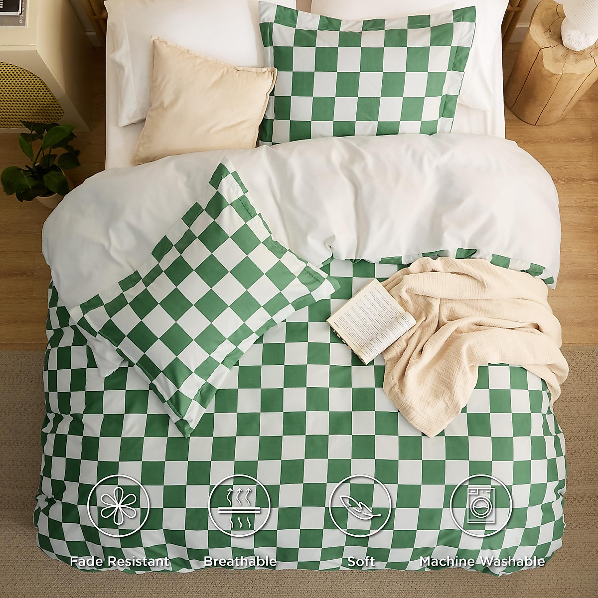 Bedsure Checkered Duvet Cover Twin Size - Shale Green Plaid Duvet Cover Set for Kids with Zipper Closure, Green Bedding Set, 2 Pieces, 1 Kids' Duvet Cover 68"x90" and 1 Pillow Sham 20"x26"