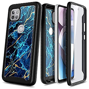 NZND Case for Motorola Moto One 5G Ace (One 5G UW Ace) with [Built-in Screen Protector], Full-Body Protective Shockproof Rugged Bumper Cover, Impact Resist Durable Phone Case (Marble Design Sapphire)