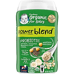 Gerber Organic for Baby Power Blend Probiotic Cereal, Oatmeal Chickpea Banana & Chia Cereal, Organic & Non-GMO Baby Cereal, 8-Ounce Canister (Pack of 3)