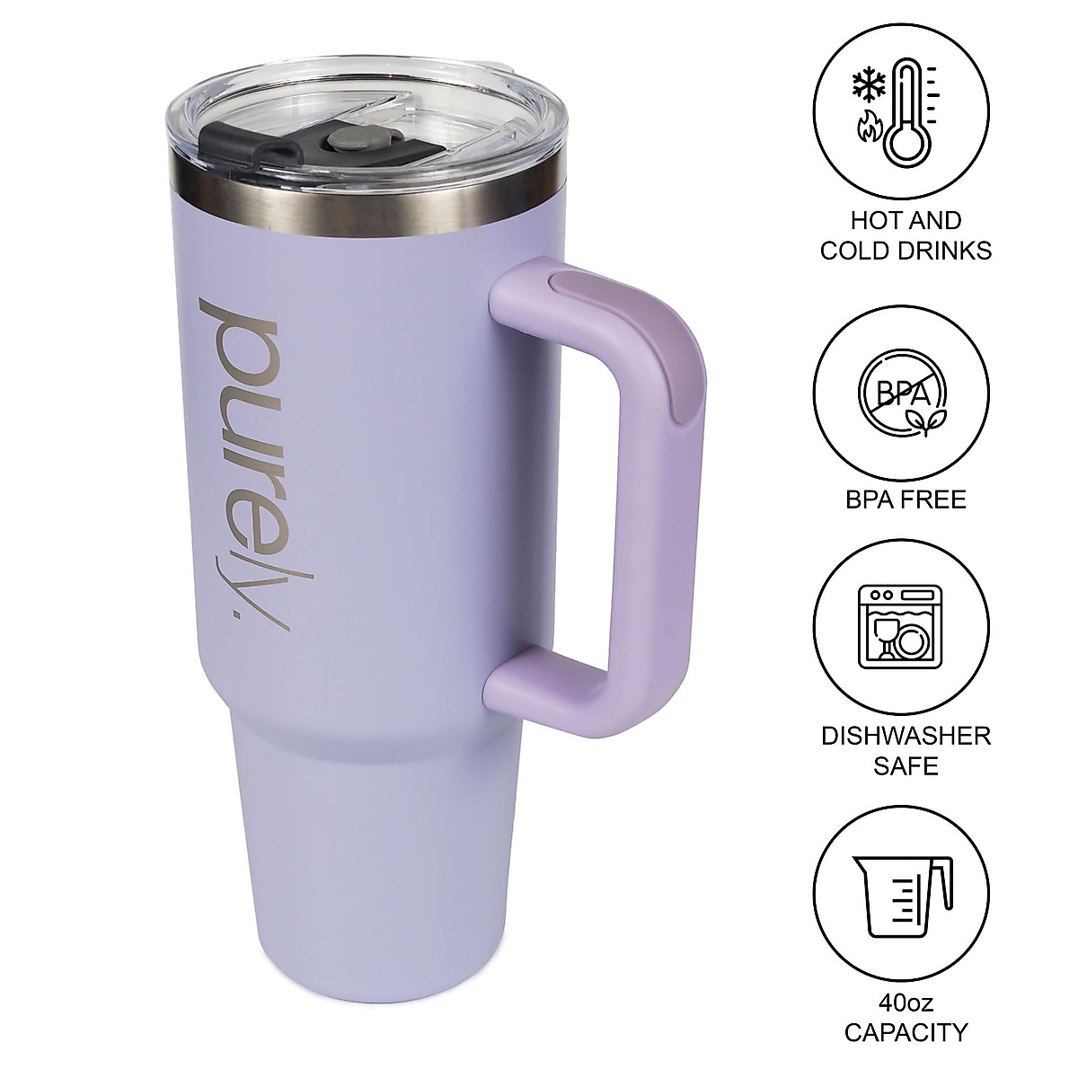 PURELY 40 oz Ceramic Lined Insulated Tumbler with Handle, Leak Resistant 2-way Lid and Straw, Ceramic Lined Travel Mug (Purple, 40oz)