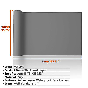VEELIKE 15.7''x354'' Thick Grey Wallpaper Peel and Stick for Bedroom Bathroom Kitchen Self Adhesive Grey Contact Paper for Cabinets Walls Countertops Waterproof Removable Wallpaper for Living Room