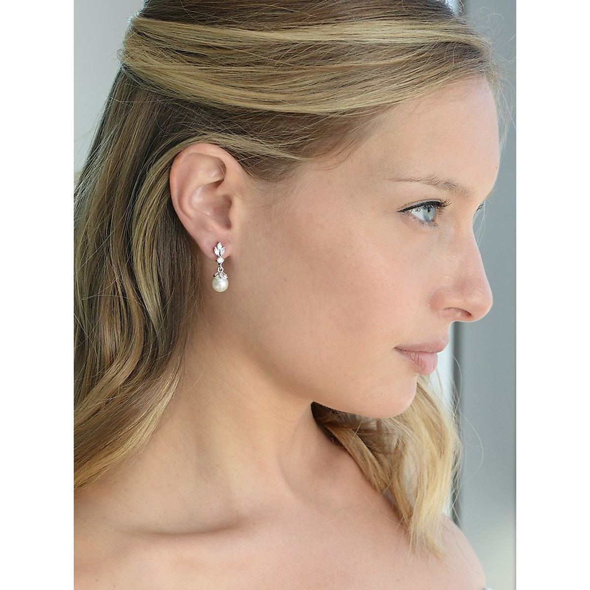Mariell Petite Pearl Drop Wedding Earrings, 8MM Ivory Shell Pearls, Cubic Zirconia Crystal and Pearl Earrings for Brides, Bridesmaid, Prom and Mother of the Bride