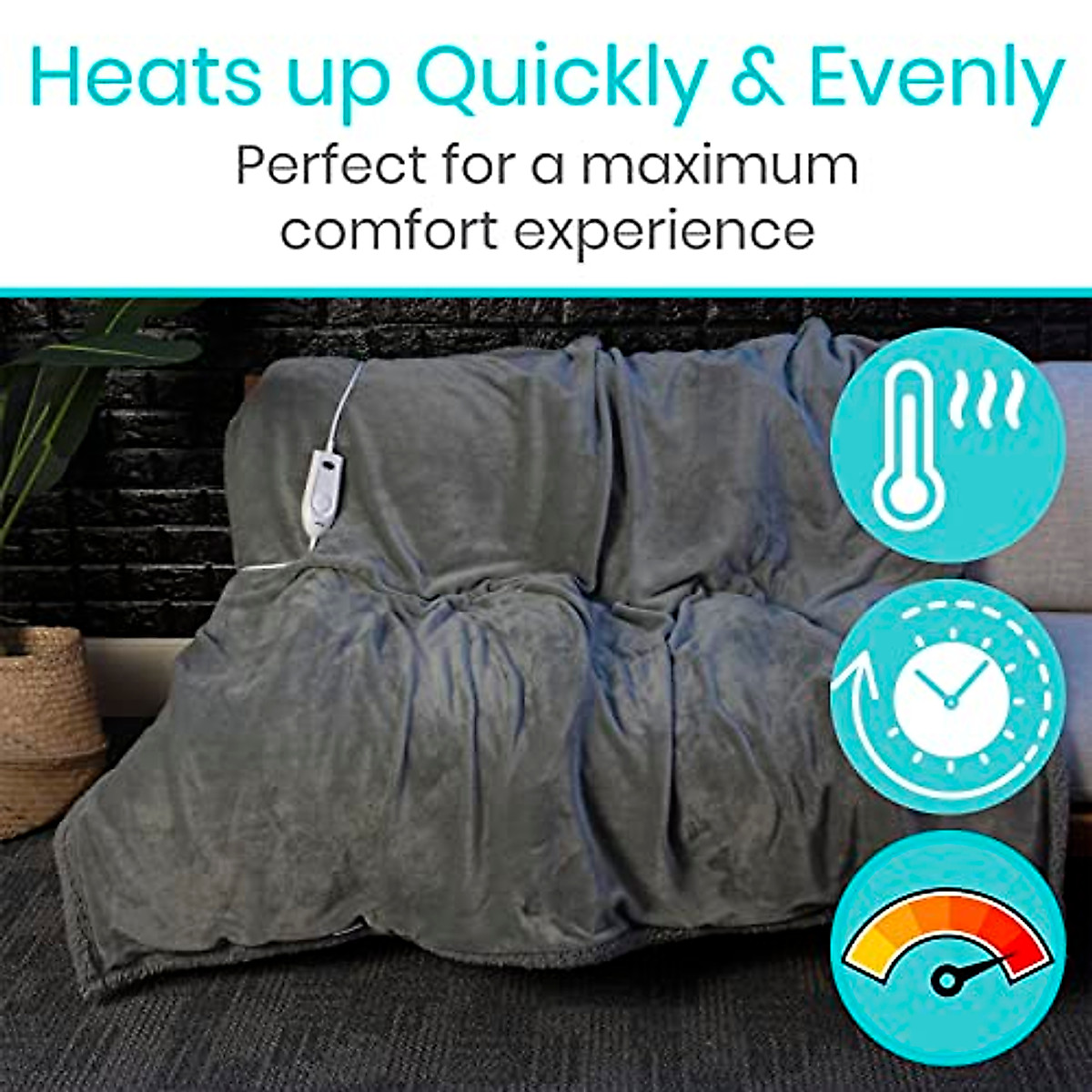 Vive Heated Electric Throw Blanket - 50 X 60 Dark Grey Soft Cozy Throw Blanket - Reversible, Portable - Fast Heating for Couch, Bed, Living Room - Ideal for Men, Women, Adults & Kids