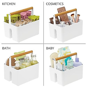 mDesign Plastic Portable Storage Organizer Kitchen Caddy Tote, Divided Bin w/Wood Handle for Napkins, Silverware, Forks, Knives, Spoons - Store in Cabinets, Counters - Aura Collection - White/Natural