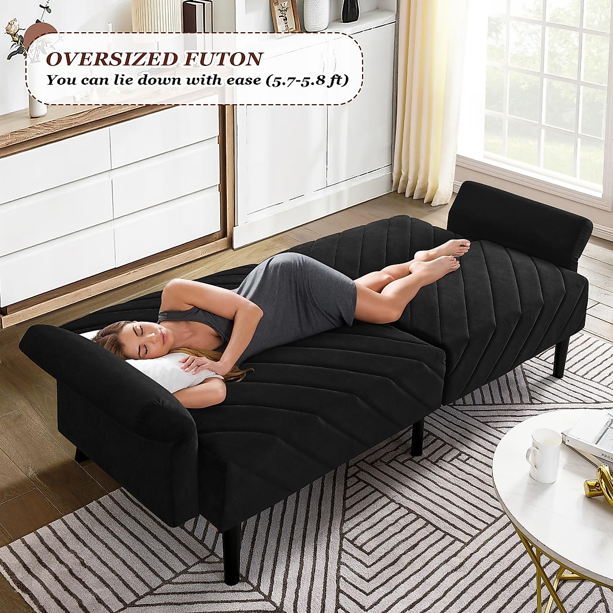 87 Inch Futon Sofa Bed, Modern Convertible Sleeper Futon Couch with Adjustable Armrests and Backrest, Velvet Oversized Loveseat Sofa Couch for Living Room, Apartment,Black