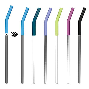 Sursip Set of 6 reusable stainless steel straws with silicone, 8mm Wide Straws for Smoothies Shakes,6 Steel Straws,6 Silicone Tips,1 Straw Cleaning Brush,Removable and easy to clean