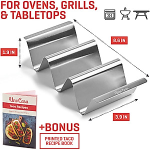 Uno Casa Metal Taco Holder Set of 6 - U-Shaped Taco Holders for Griddle, Durable Taco Holders for Party, Stainless Steel Fun Taco Holders, Dishwasher Safe Taco Holders for Oven - Recipe Book Included