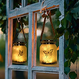 GOODME 2 Pack Solar Lantern Butterfly Mason Jar White Frosted Glass Hanging Jar Solar Outdoor Lights Butterfly Decorations Gift for Patio, Yard, Garden, Path (Butterfly)