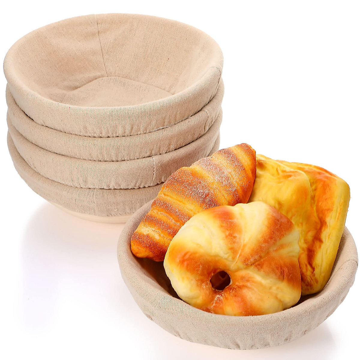 5 Pieces 8.5 Inch Banneton Bread Proofing Basket Round Sourdough Proofing Basket Banneton Basket Dough Proofing Bowl with Liners and Scatters for Home Making Bread Bakers Baking