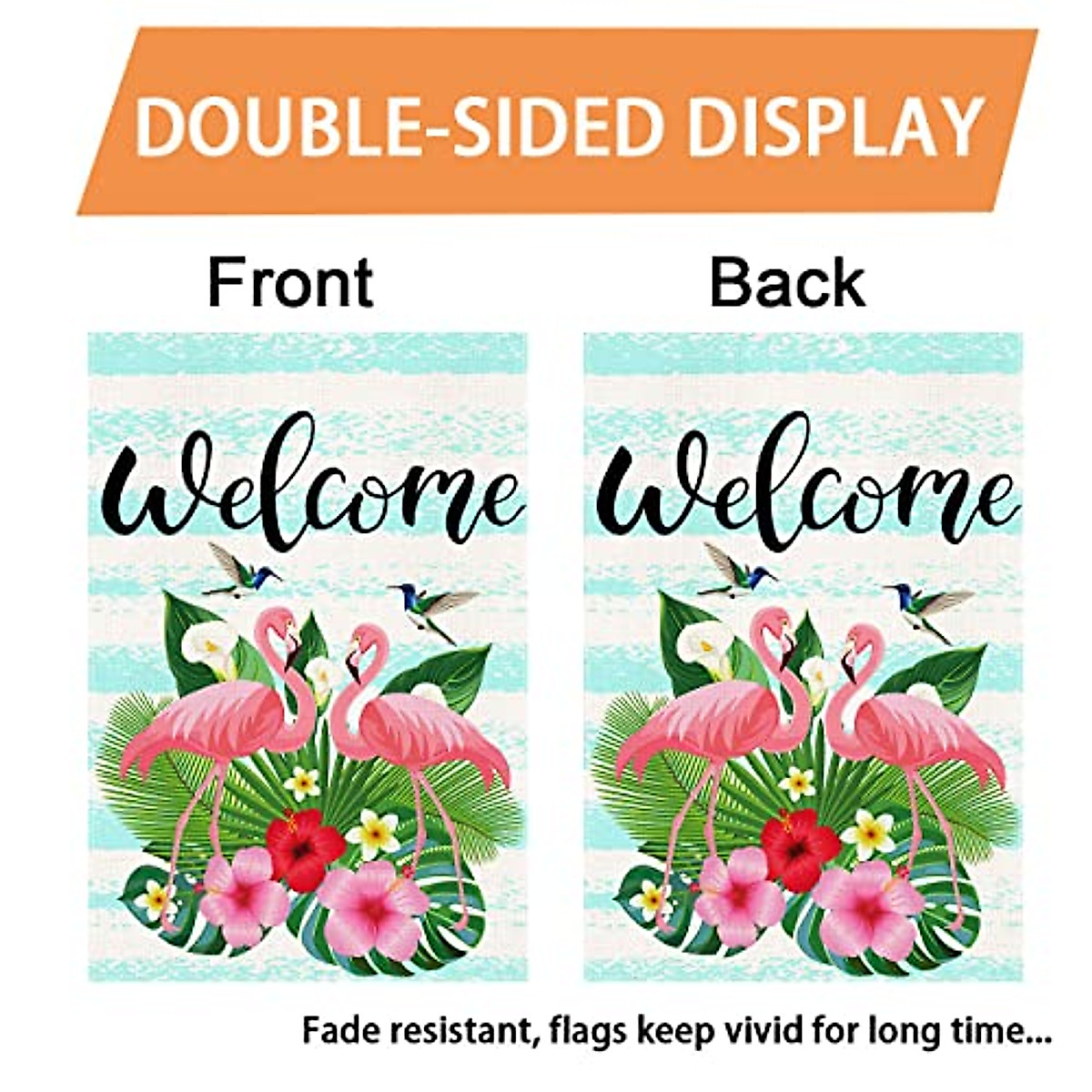 QWETRY Flamingo Welcome Summer Garden Flag Double Sided 12.5x18 Inch Bluebird Summer Yard Flag for Outside Outdoor Décor, Premium Burlap Vertical Small Rustic Flags for Farmhouse Lawn Flags