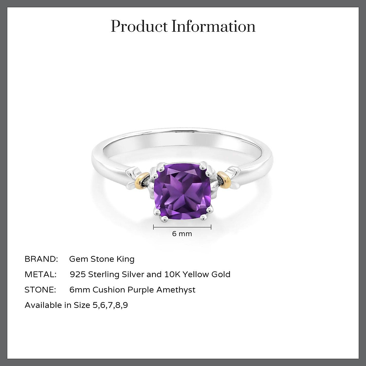 Gem Stone King 925 Sterling Silver and 10K Yellow Gold 6MM Cushion Cut Gemstone Birthstone Engagement Ring | Wedding Anniversary Promise Ring For Women | Available In Size 5, 6, 7, 8, 9