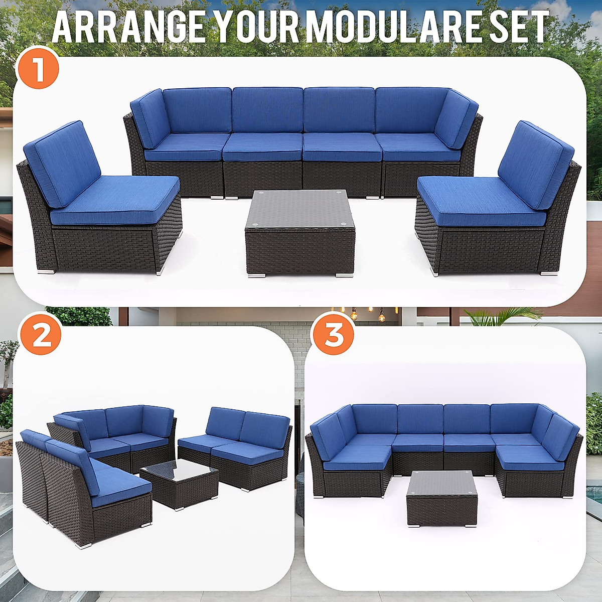 TiuBroe 7 Pieces Patio Furniture Sets, Outdoor PE Rattan Sectional Sofa Conversation Set, All Weather Conversation Set w/6 Seat Cushions and 1 Coffee Table (Light Gray)