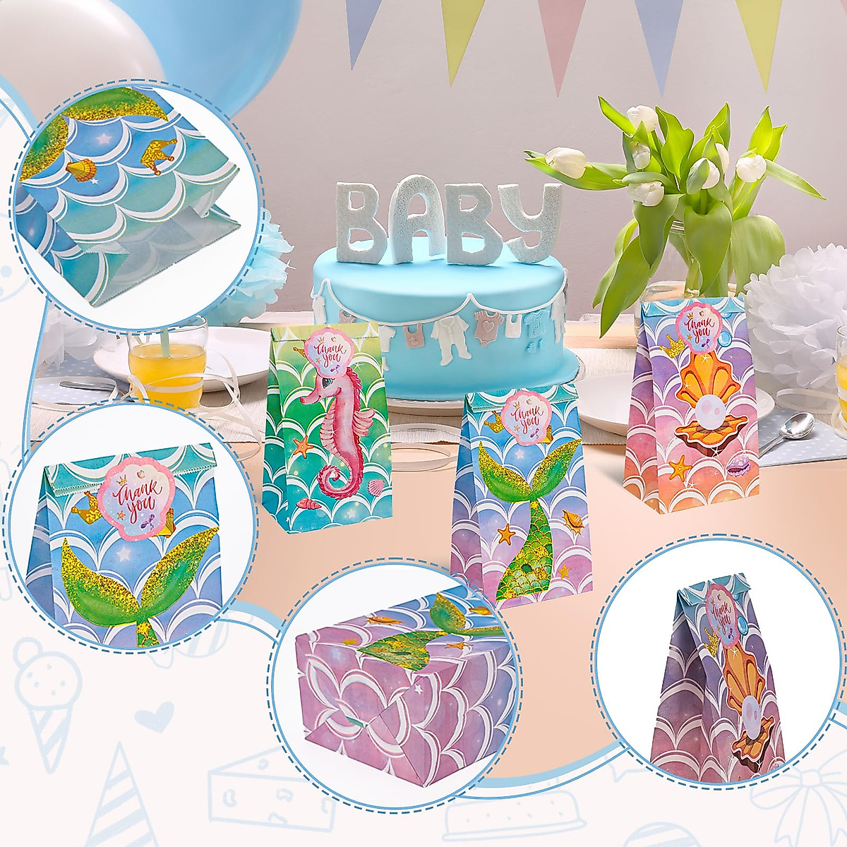 VGOODALL 24PCS Mermaid Party Favor Bags, Sea Theme Party Favor Bags Mermaid Gift Bags with Sealing Stickers for Baby Shower Bridal Shower 4.7" x 3.1" x 8.7"