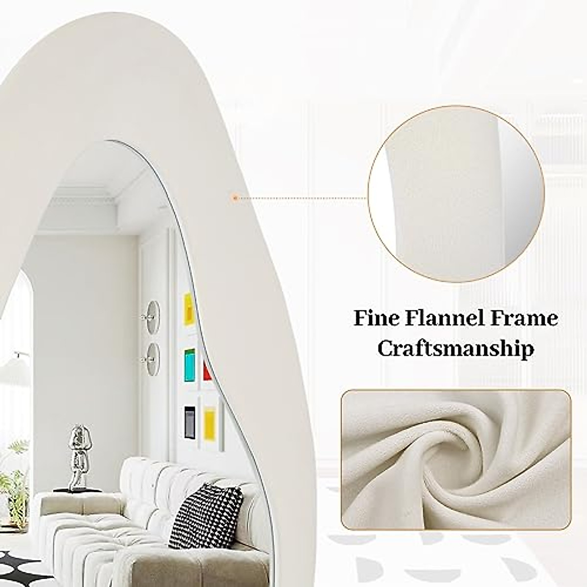 VooBang 63"x24" Mirror Full Length, Flannel Cloud Floor Mirror, Wall Mounted Mirror, Hanging or Leaning Against Wall for Bedroom, Living Room Full Body Mirror, White