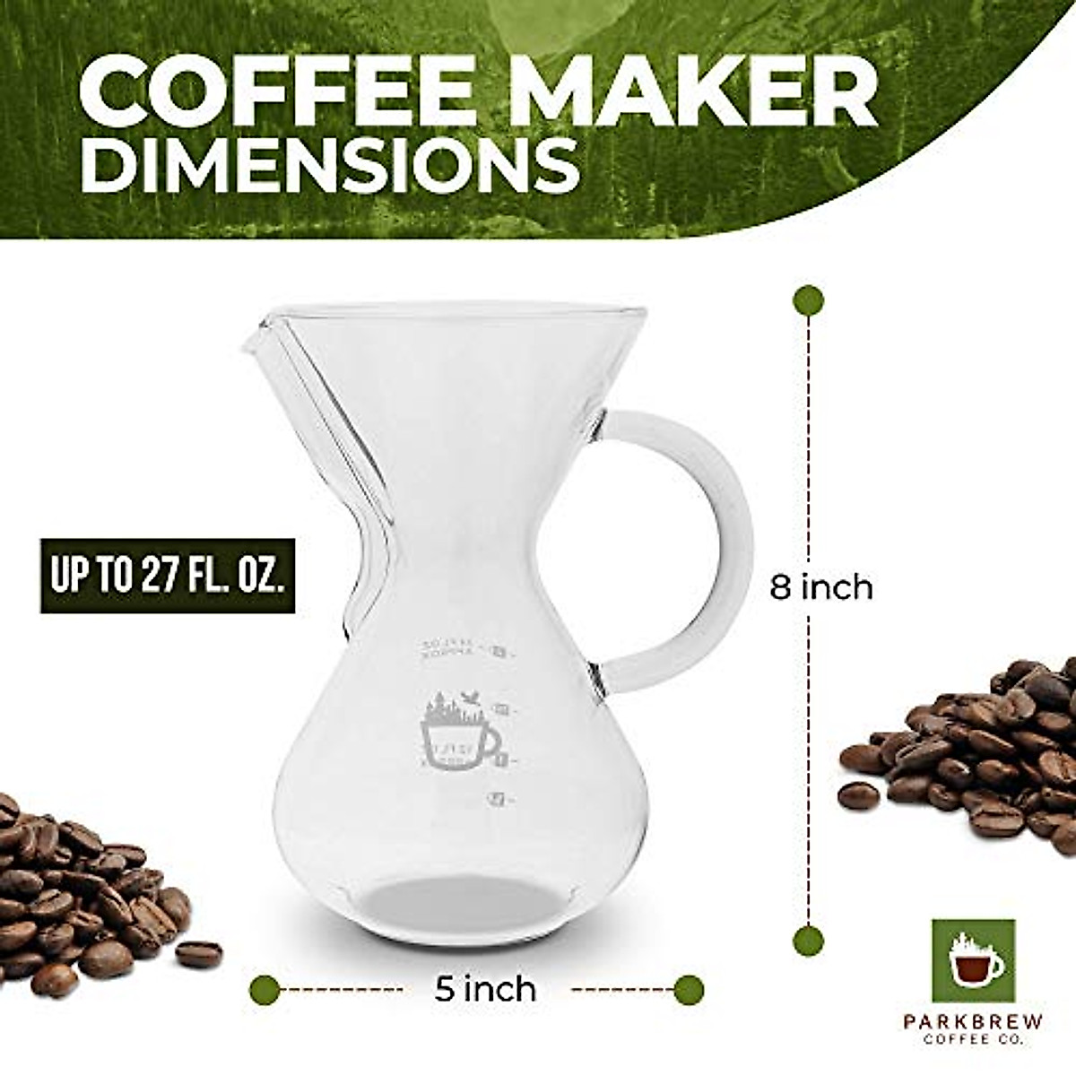ParkBrew Pour Over Coffee Maker - set includes glass pourover carafe (up to 27 fl. oz.), heat retaining lid, and reusable coffee filter or dripper