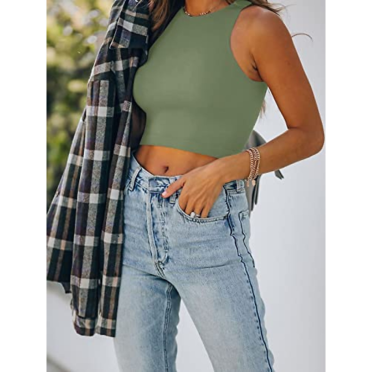 Women’s Sexy Sleeveless High Neck Racerback Cropped Tank Tops Cute Teen Girls Halter Neck Crop Tops Vest Olive Green Medium