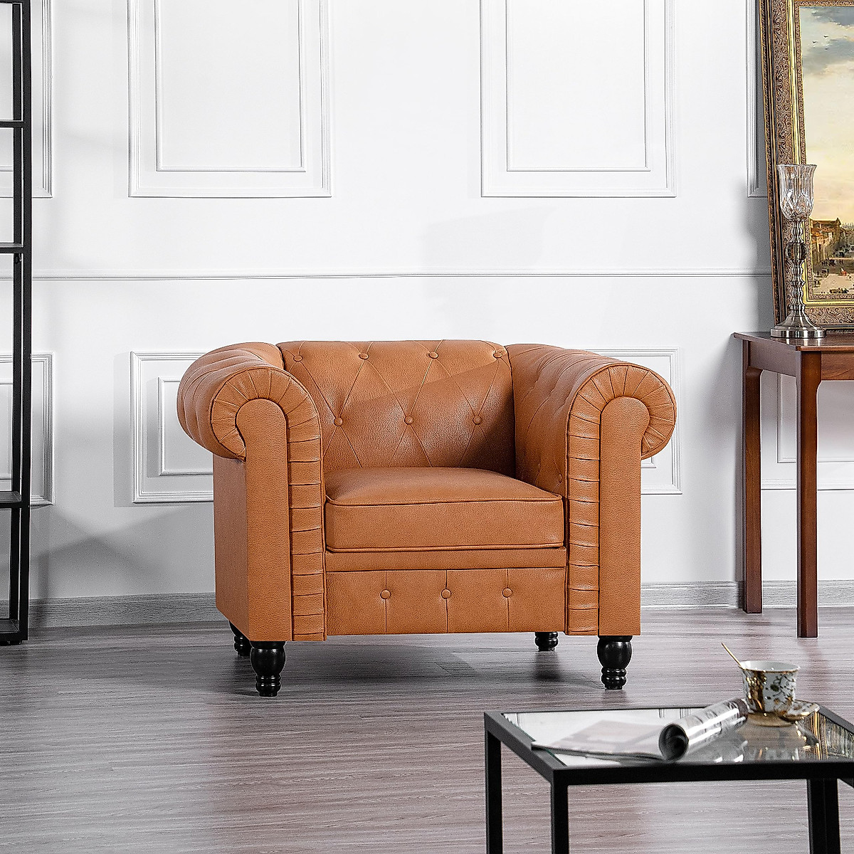 Emery Chesterfield 3 Piece Living Room Sectional Sofa Set with Rolled Arms, Tufted Cushion Sofas for Living Room Set Includes Sofa, Loveseat Couch, Accent Arm Chair / Easy Tool-Free Assembly – Caramel