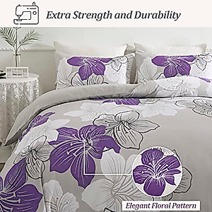 3 Pieces Duvet Cover Set Queen Purple Floral Pattern Comforter Cover Set Elegant Boho Lily Duvet Cover with 2 Pillow Cases Breathable Microfiber Bedding Duvet Cover Set All Season (Purple, 90"x90")