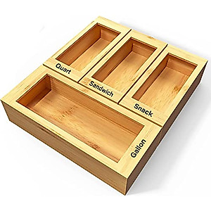 NC Ziplock bag storage organizer, 4 separate Baggie Organizer for Drawer，Bamboo Organizer Compatible with Gallon, Quart, Sandwich and Snack Variety Size Bag