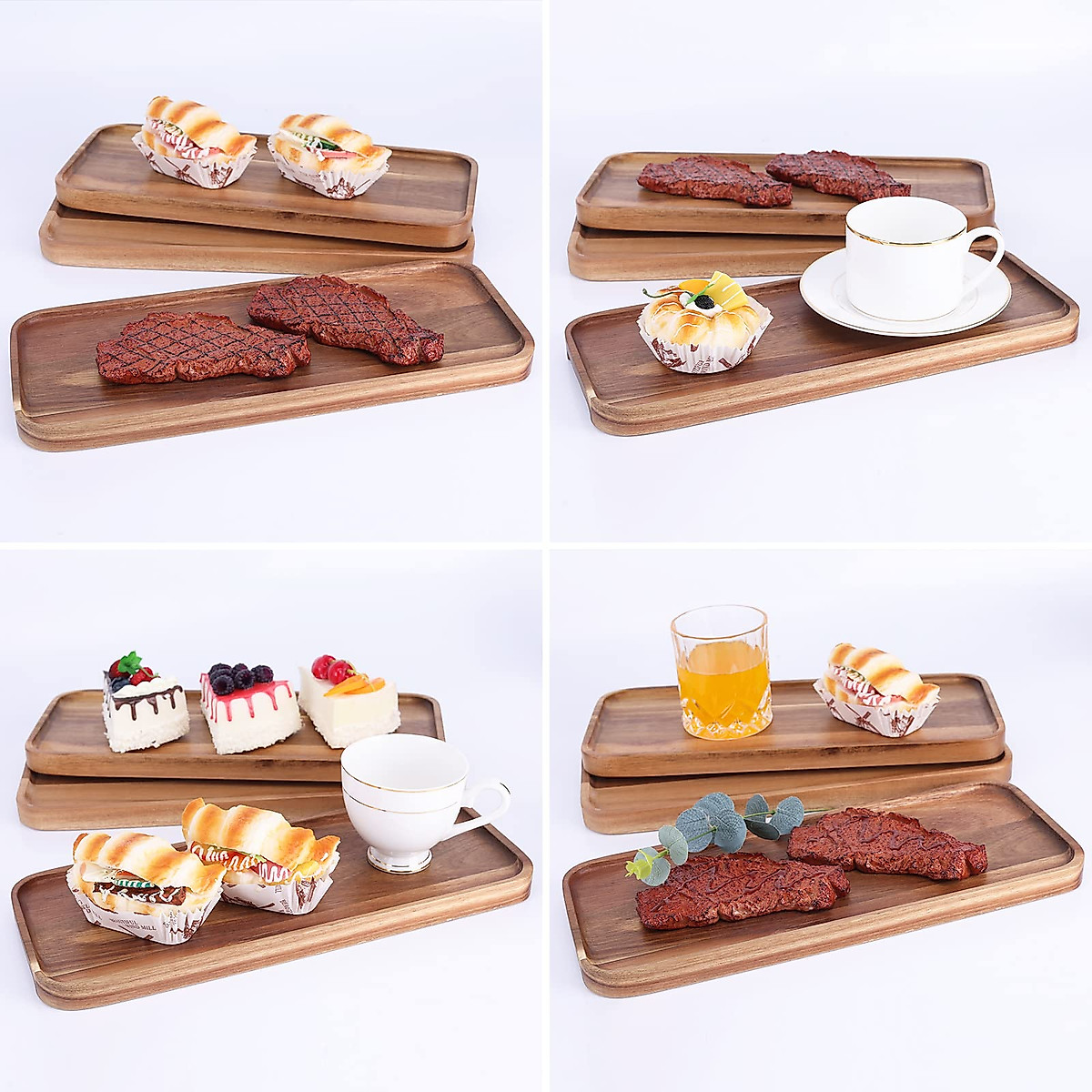 Solid Acacia Wood Serving Trays and Platters (14 x 5.5 in) Rectangular Wooden Serving Platters,Wood Boards for Food, Vegetables, Fruit, Charcuterie, Appetizer Serving Tray, Cheese Board (3 pcs)