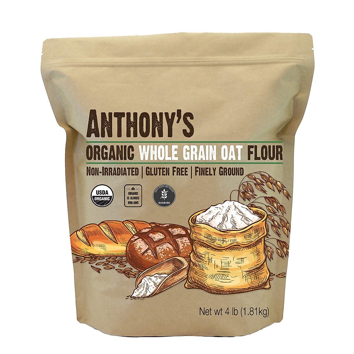 Anthony's Organic Whole Grain Oat Flour, 4 lb, Gluten Free, Non GMO, Non Irradiated, Finely Ground, Vegan